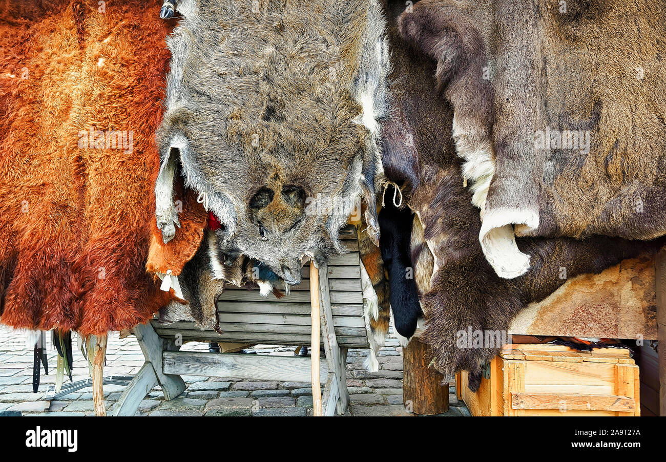 Animal fur on display at Riga Christmas Market new Stock Photo - Alamy