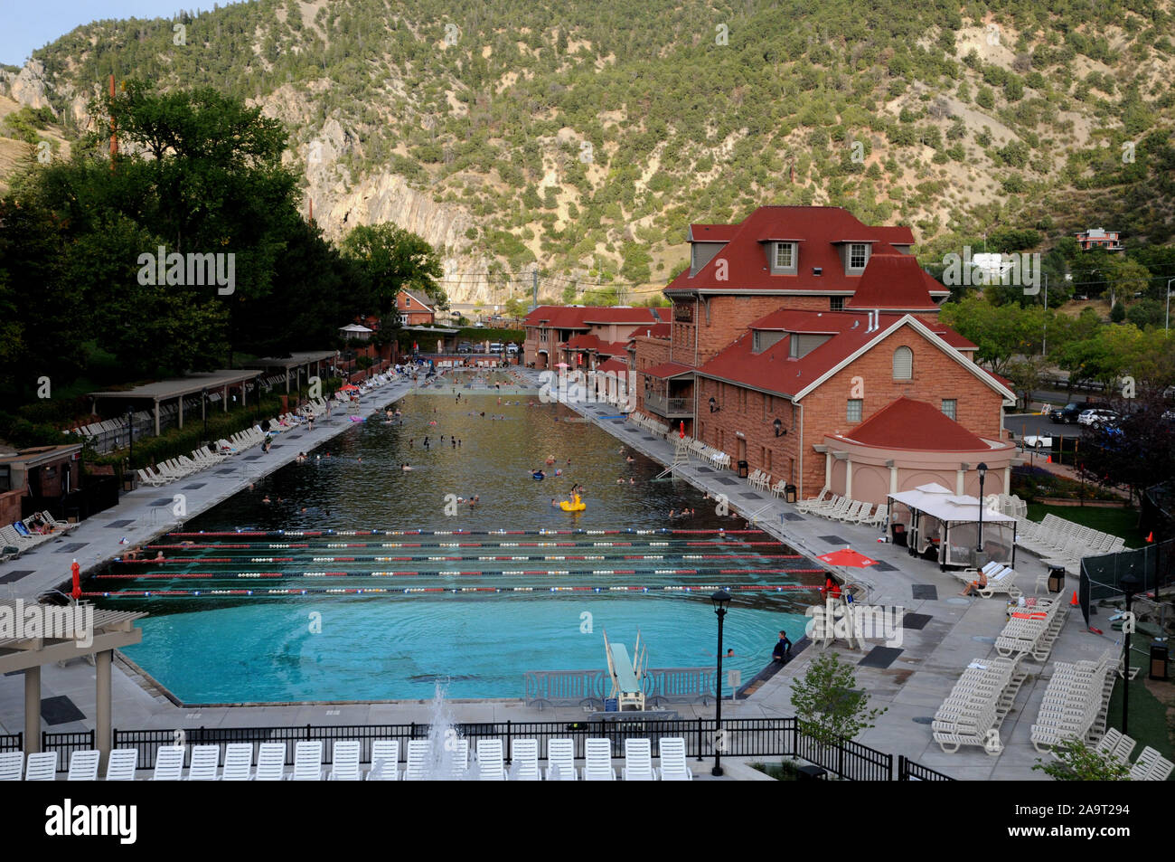The main pool area at Glenwood Hot Springs Resort Colorado Rockies. It ...