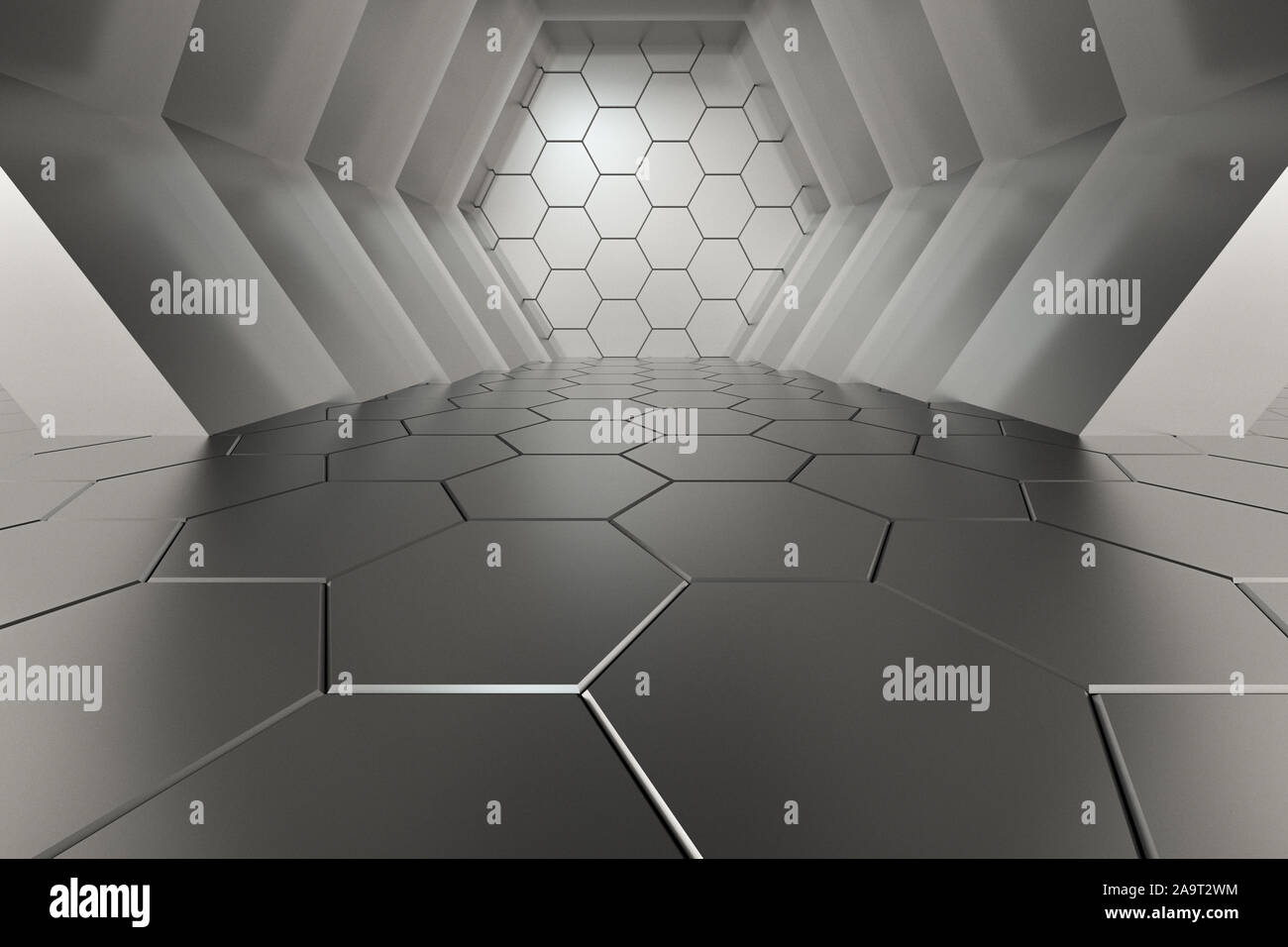 Hexagonal tunnel space with hexagon cubes, 3d rendering. Computer ...