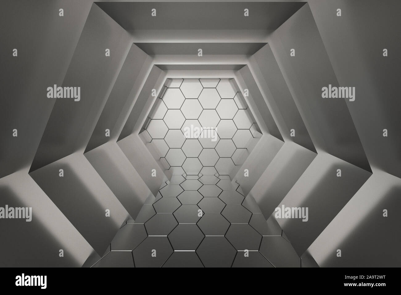 Hexagonal tunnel space with hexagon cubes, 3d rendering. Computer ...