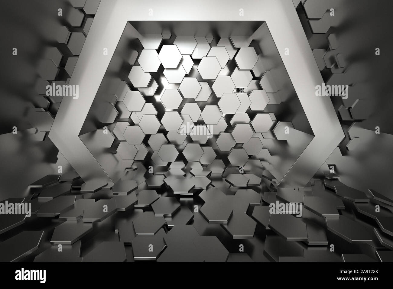 Hexagonal tunnel space with hexagon cubes, 3d rendering. Computer ...