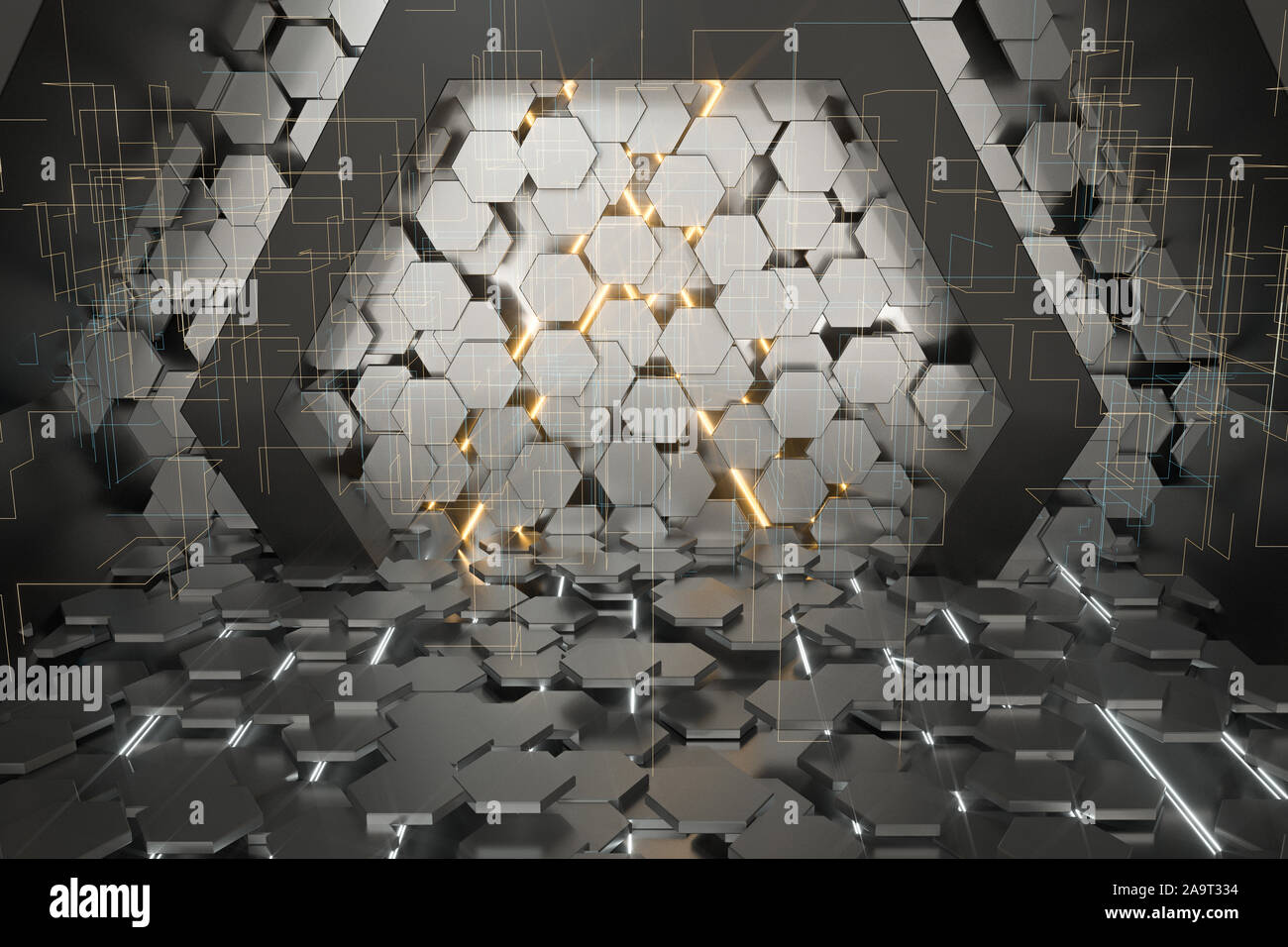 Hexagonal tunnel space with hexagon cubes, 3d rendering. Computer ...