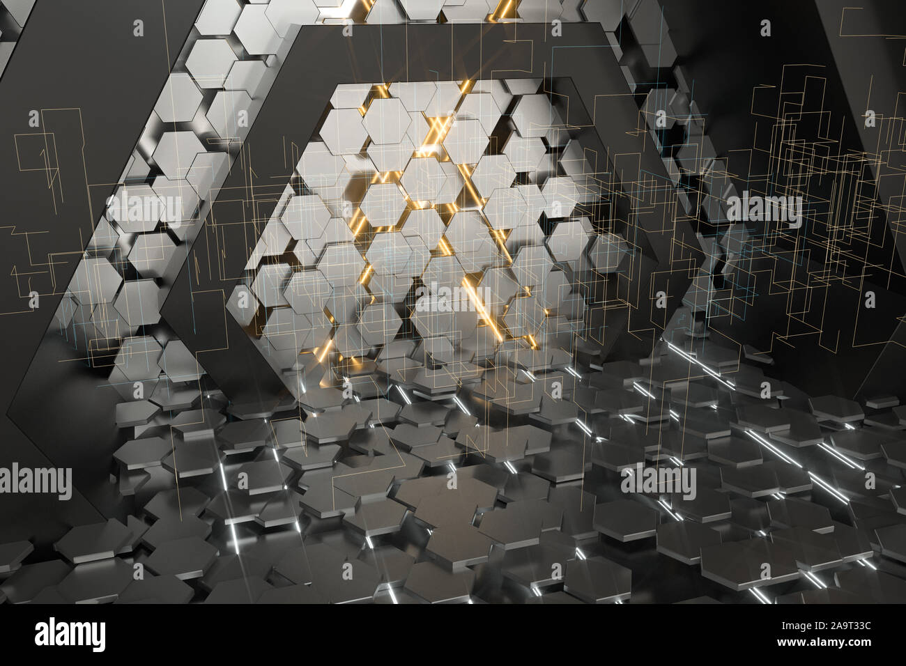 Hexagonal tunnel space with hexagon cubes, 3d rendering. Computer ...