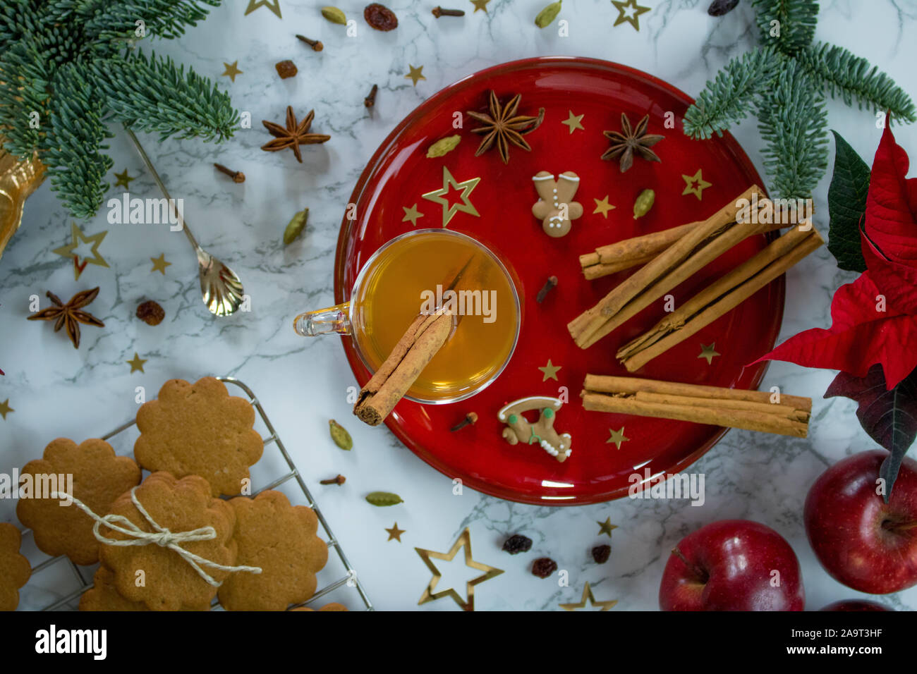 Food photography of a marble table top decorated with chic classy red ...