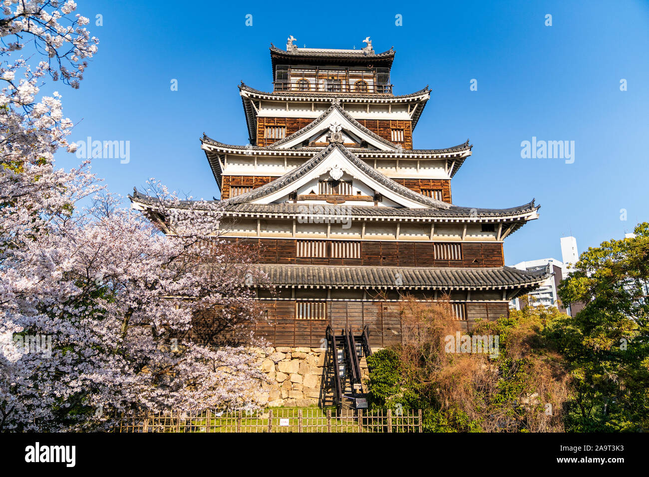Hiroshima castle in Japan. Springtime with cherry blossoms, the main ...