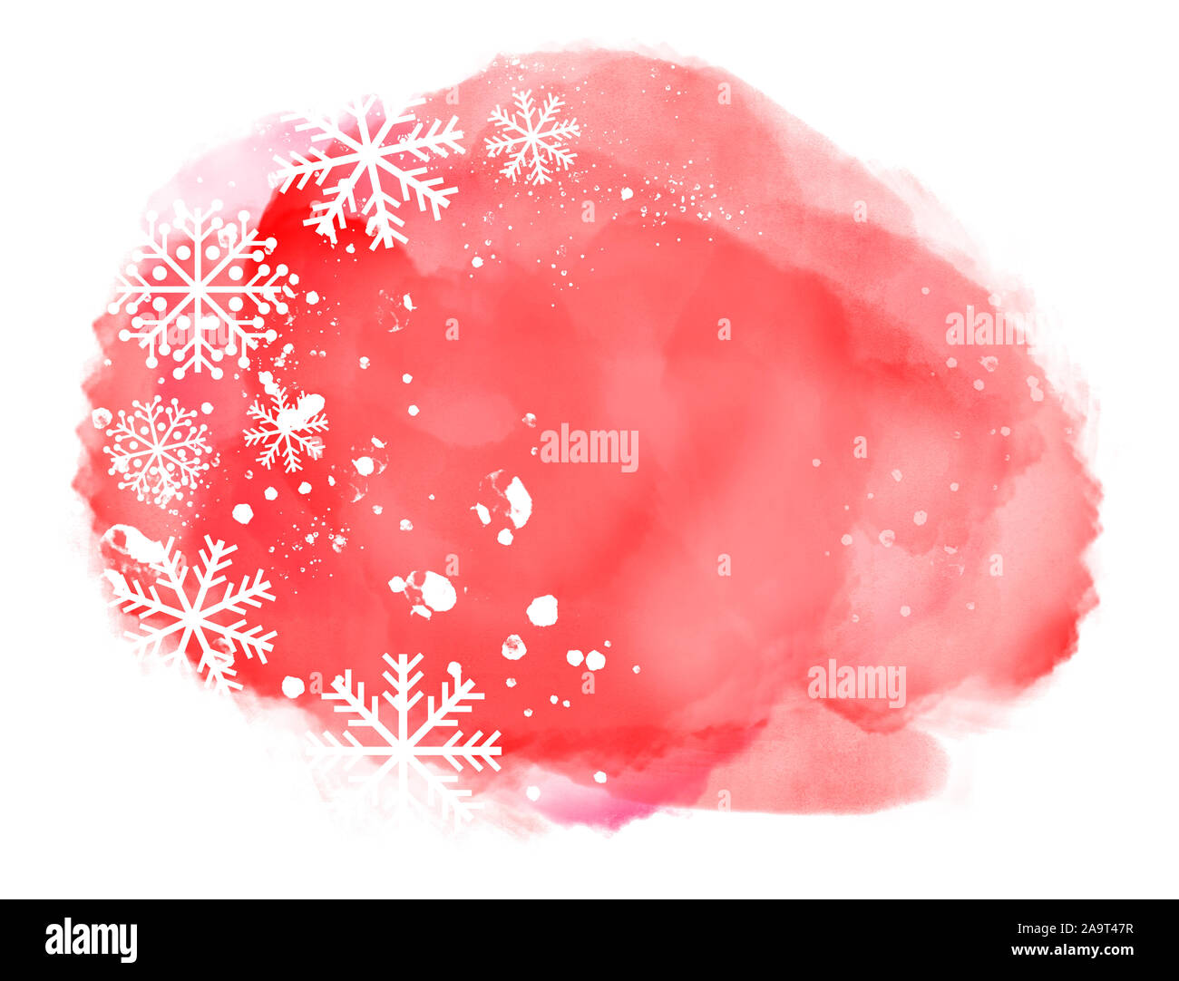Abstract winter landscape on red watercolor splash with snowflakes on ...