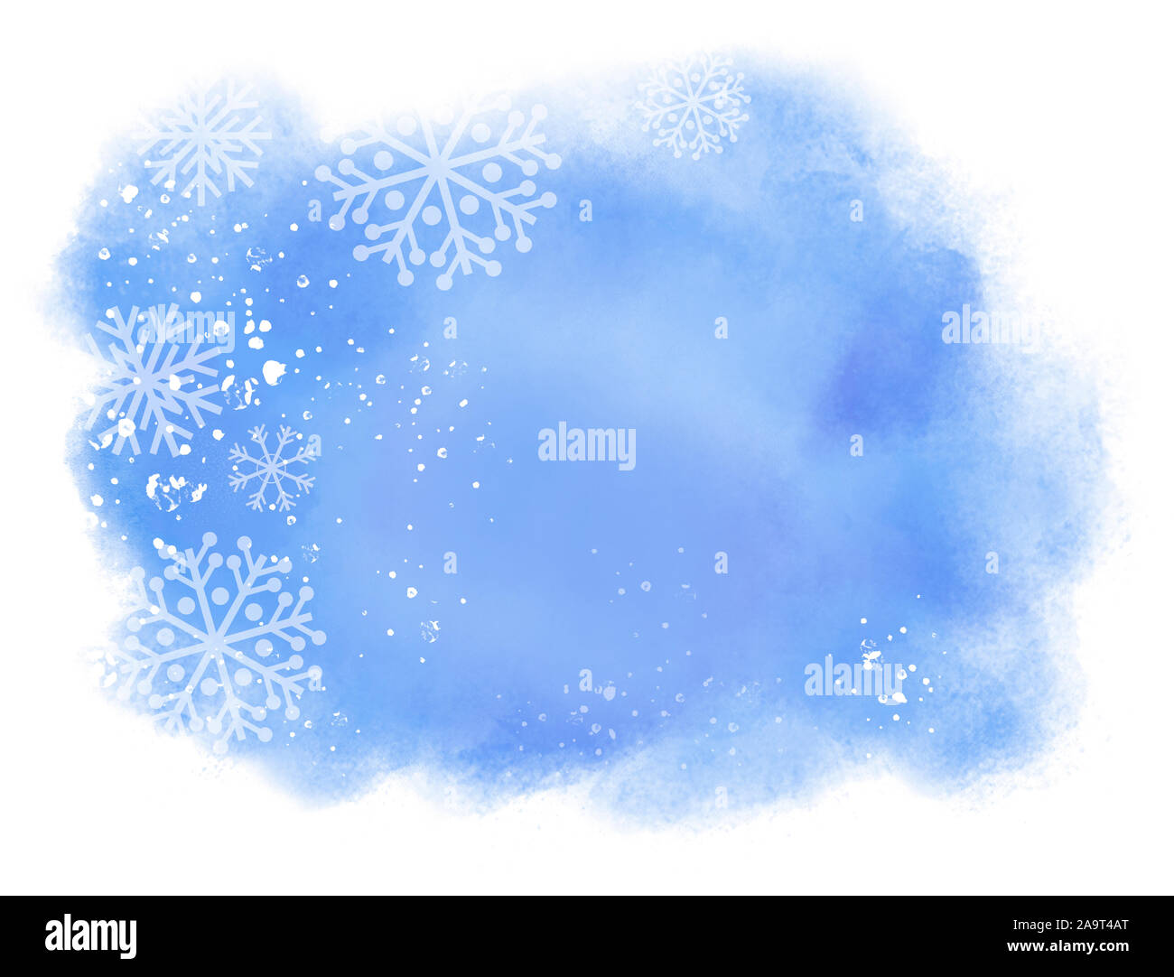 Abstract winter landscape on blue watercolor splash with snowflakes on ...