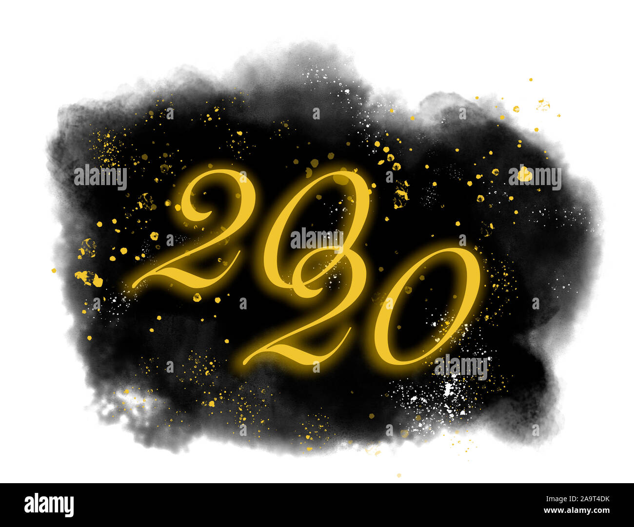 2020 written in elegant golden lighting letters on black watercolor ...