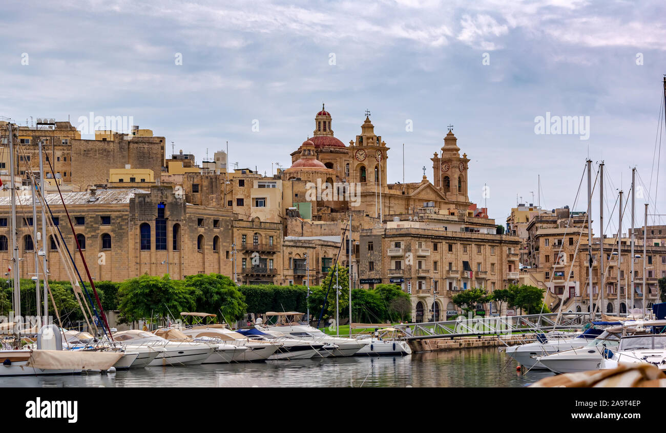 Cospicua, Church of the Immaculate Conception and marina Stock Photo ...