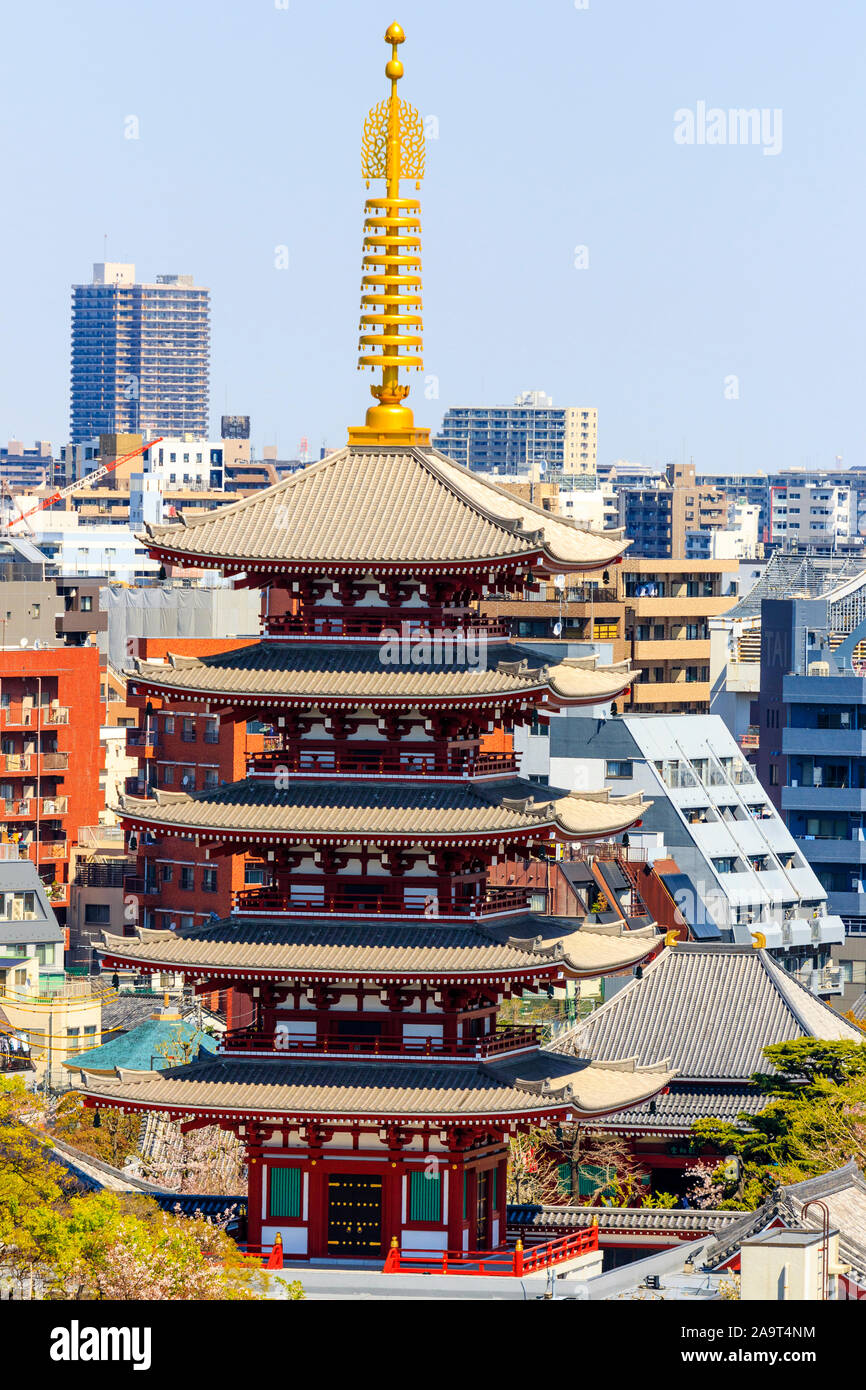 Tokyo, The popular Asakusa shrine and Sensoji temple. The five story Pagoda, second largest in ...