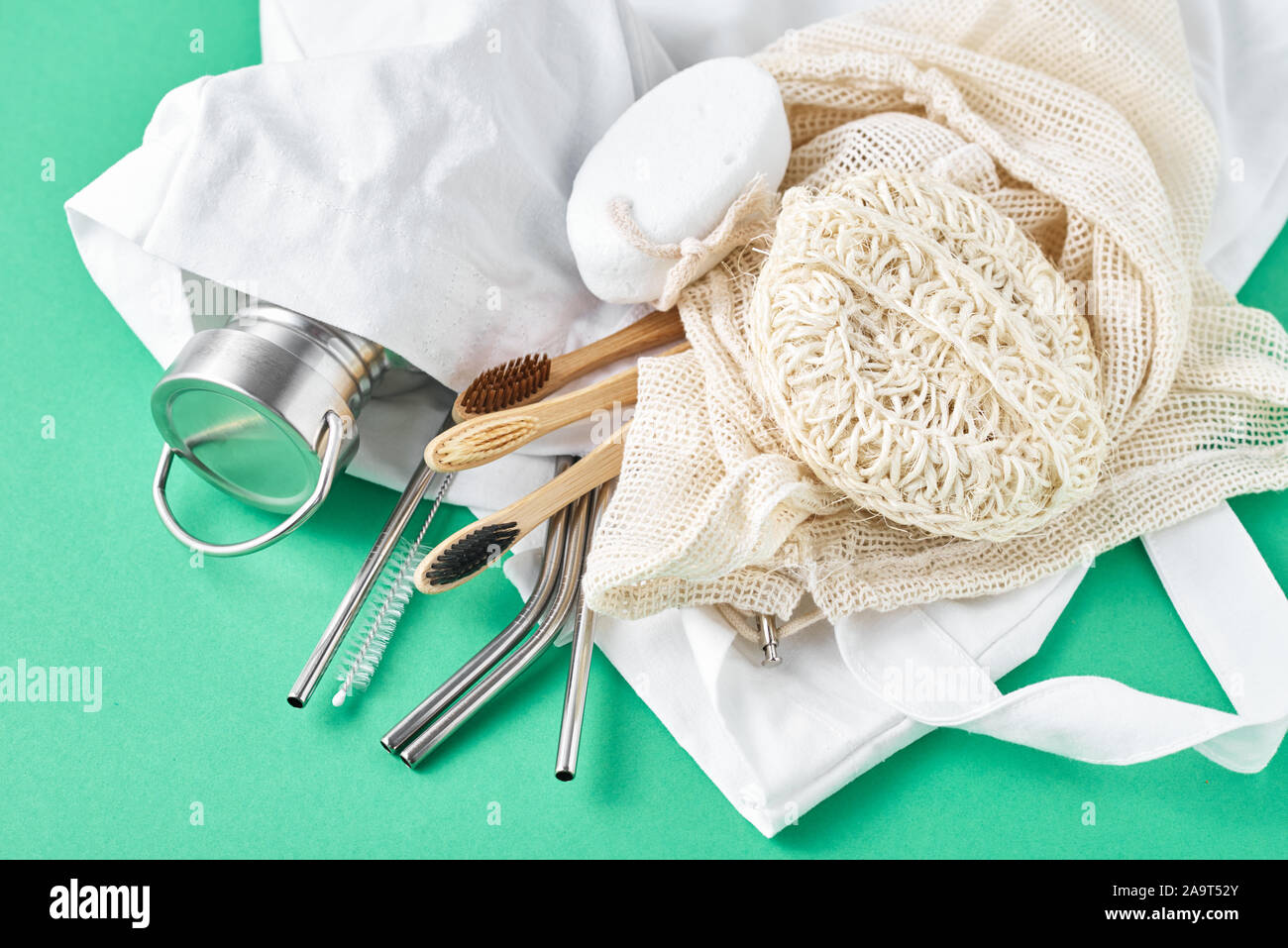 Zero waste concept. Eco friendly reusable items in natural shopping bag ...