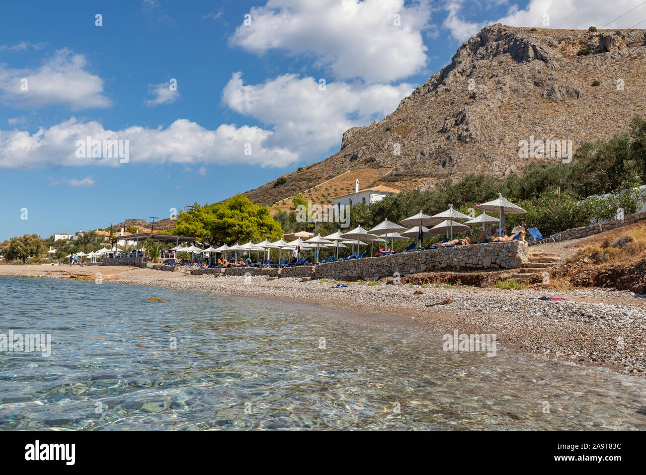 Mountain and Vlychos Plakes Beach in Hydra Island, Greece Stock Photo ...