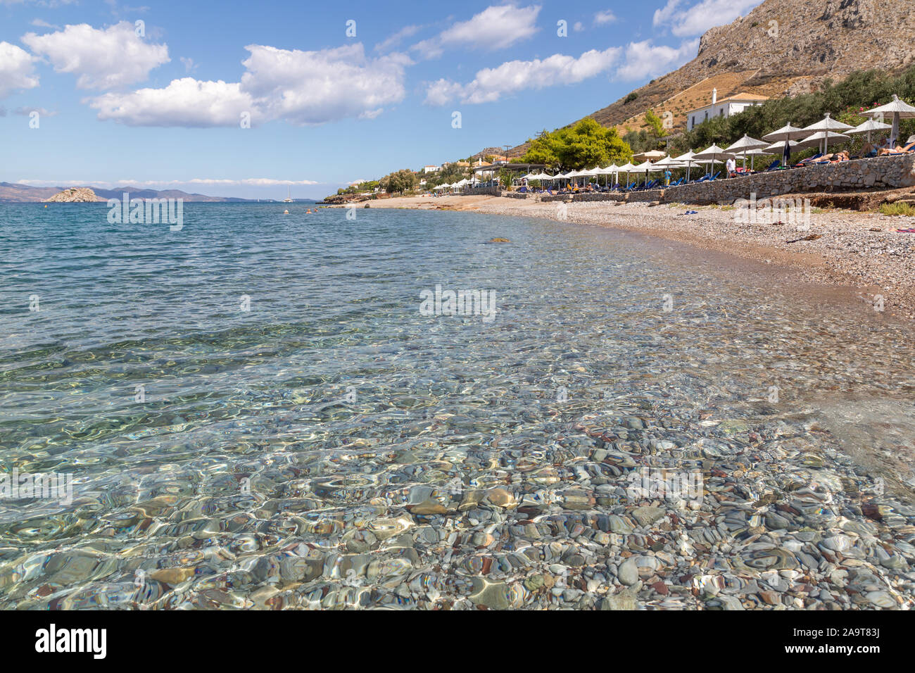 Mountain and Vlychos Plakes Beach in Hydra Island, Greece Stock Photo ...