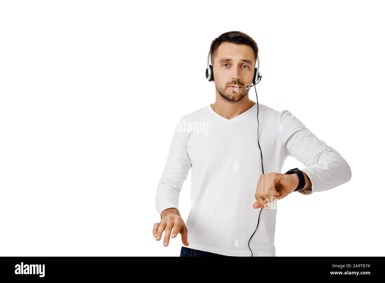 Call center worker man isolated on white background. Young cute ...
