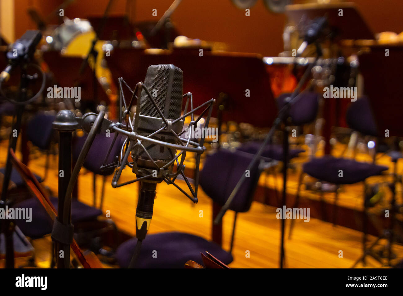 Microphone with a stand close up. Musical instruments of the Orchestra ...