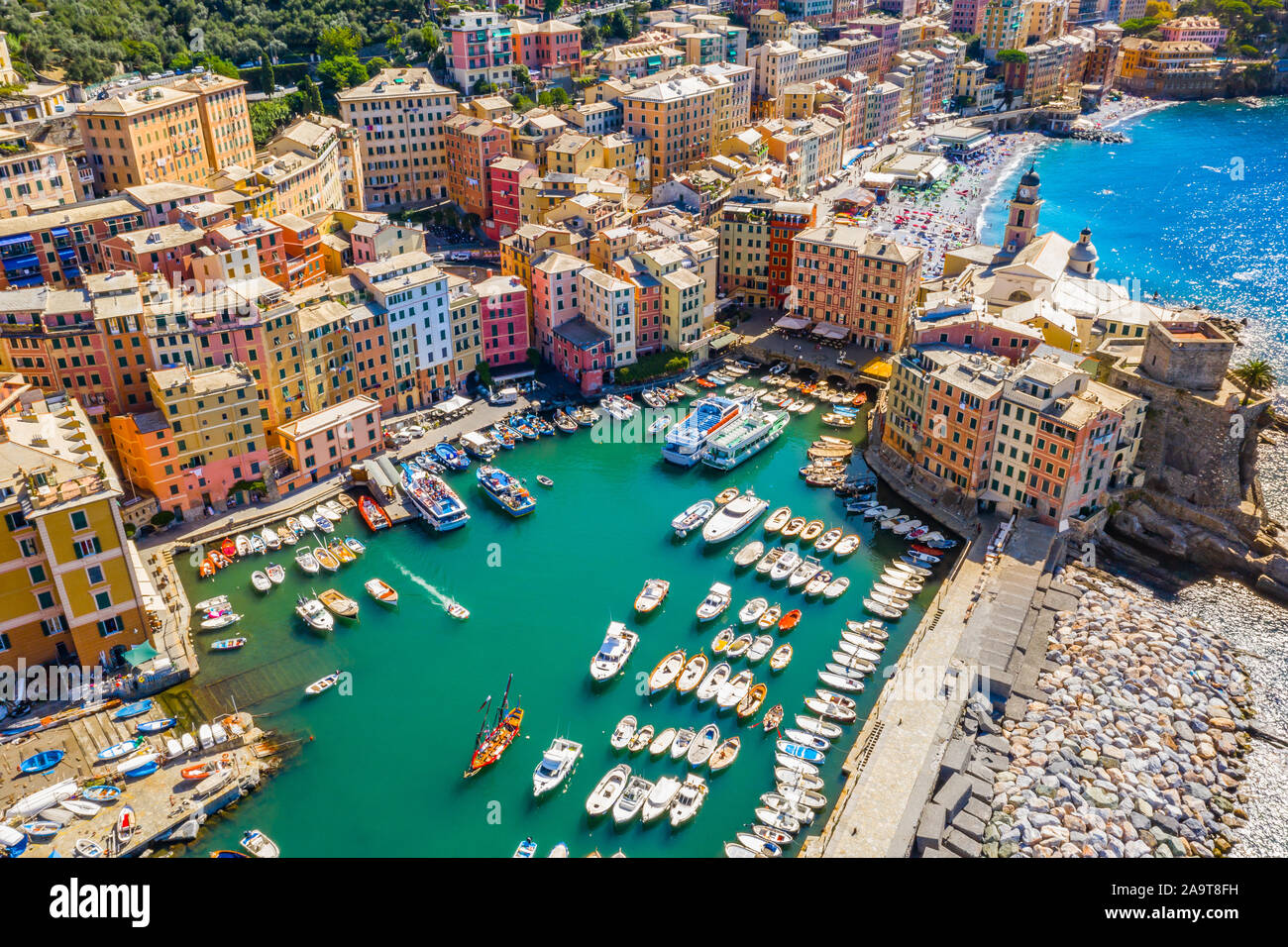 Aerial view of Camogli. Panorama of Castle della Dragonara and Basilica ...