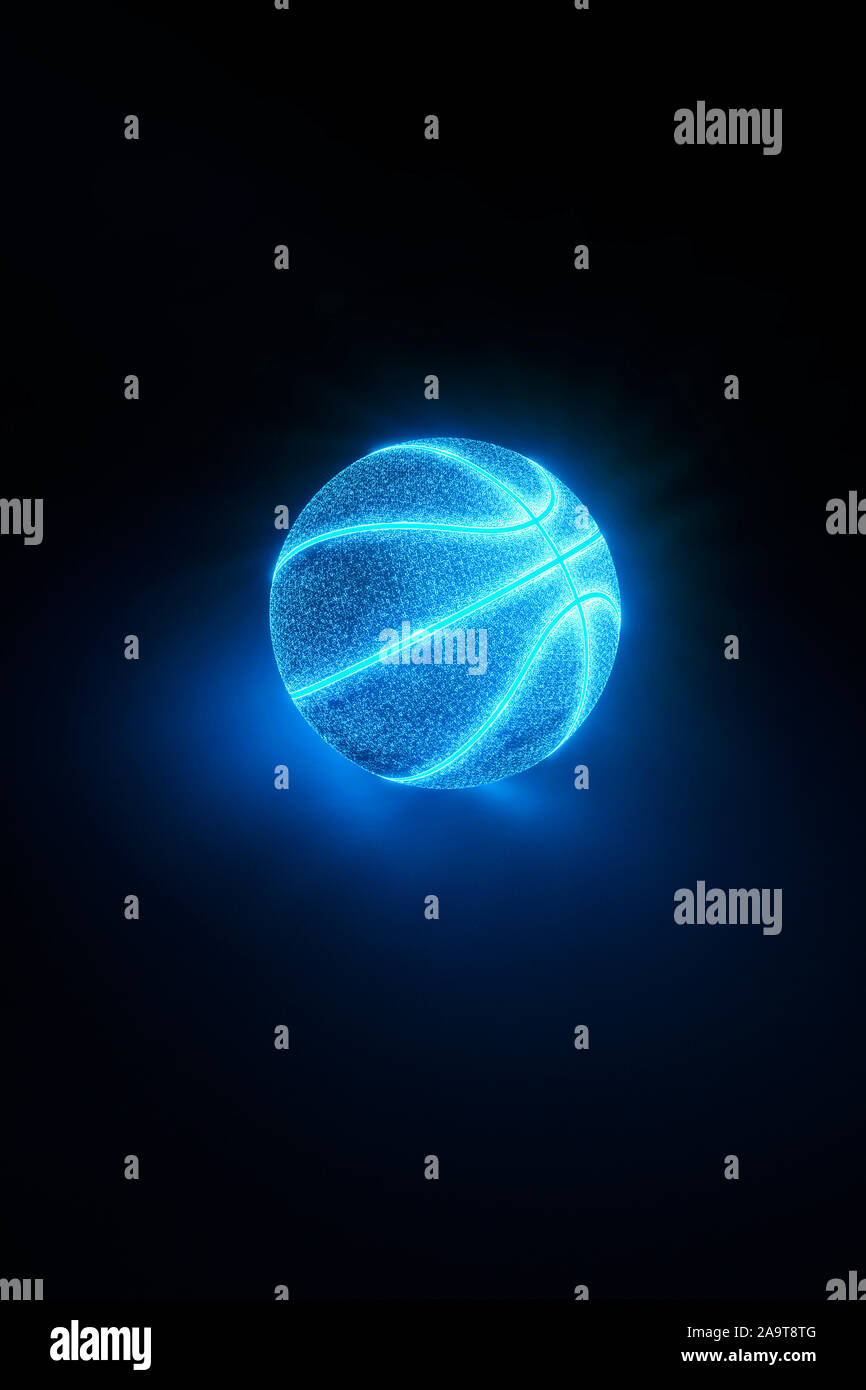 3D Rendering of creative basketball with glowing blue neon seams on a ...