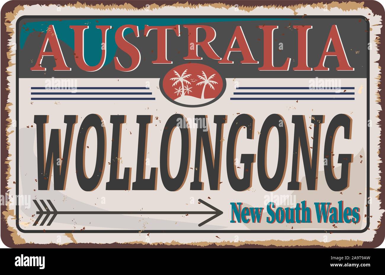 Wollongong rusted old sign vector illustration, on a white background ...