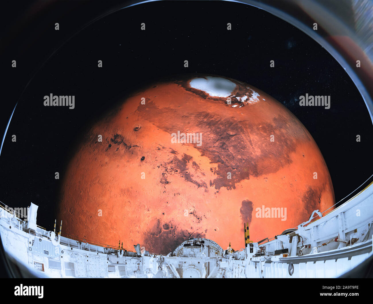 Red Mars planet of solar system in the space near to space shuttle ...