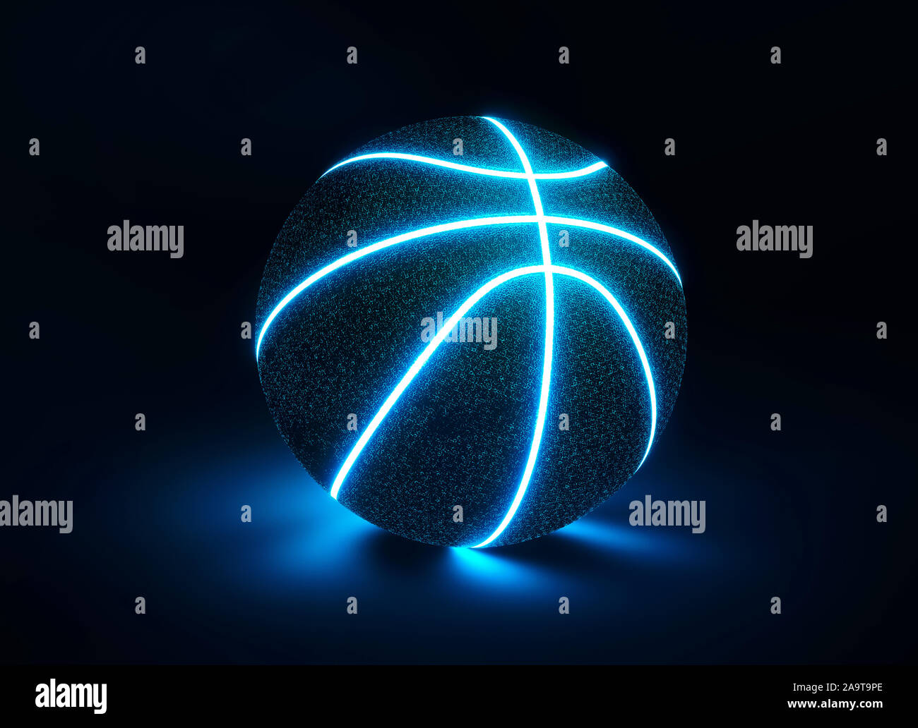 3D Rendering of creative basketball with glowing blue neon seams on a ...