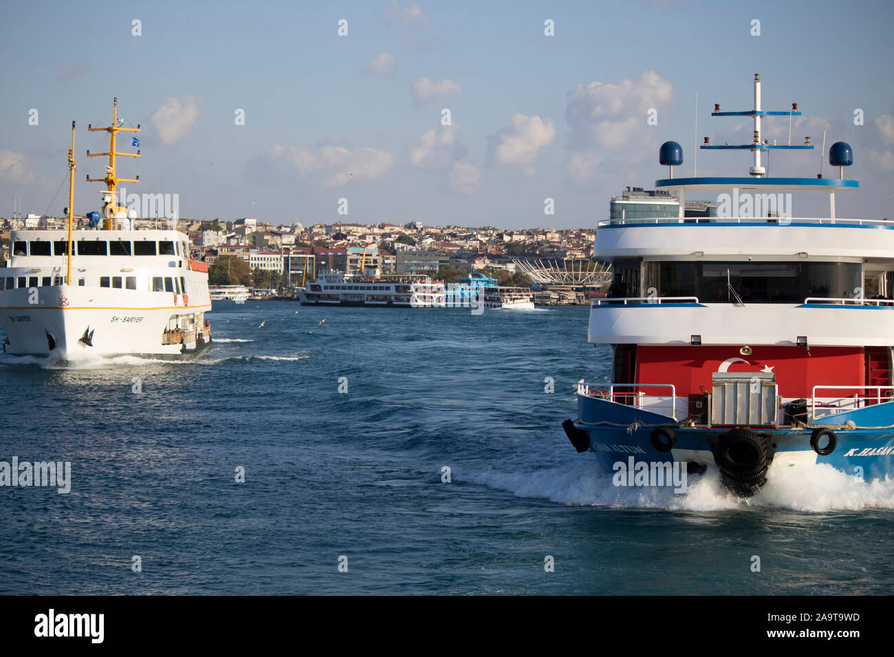 Two steamer at sea. The small passenger ferry in front and the large ...