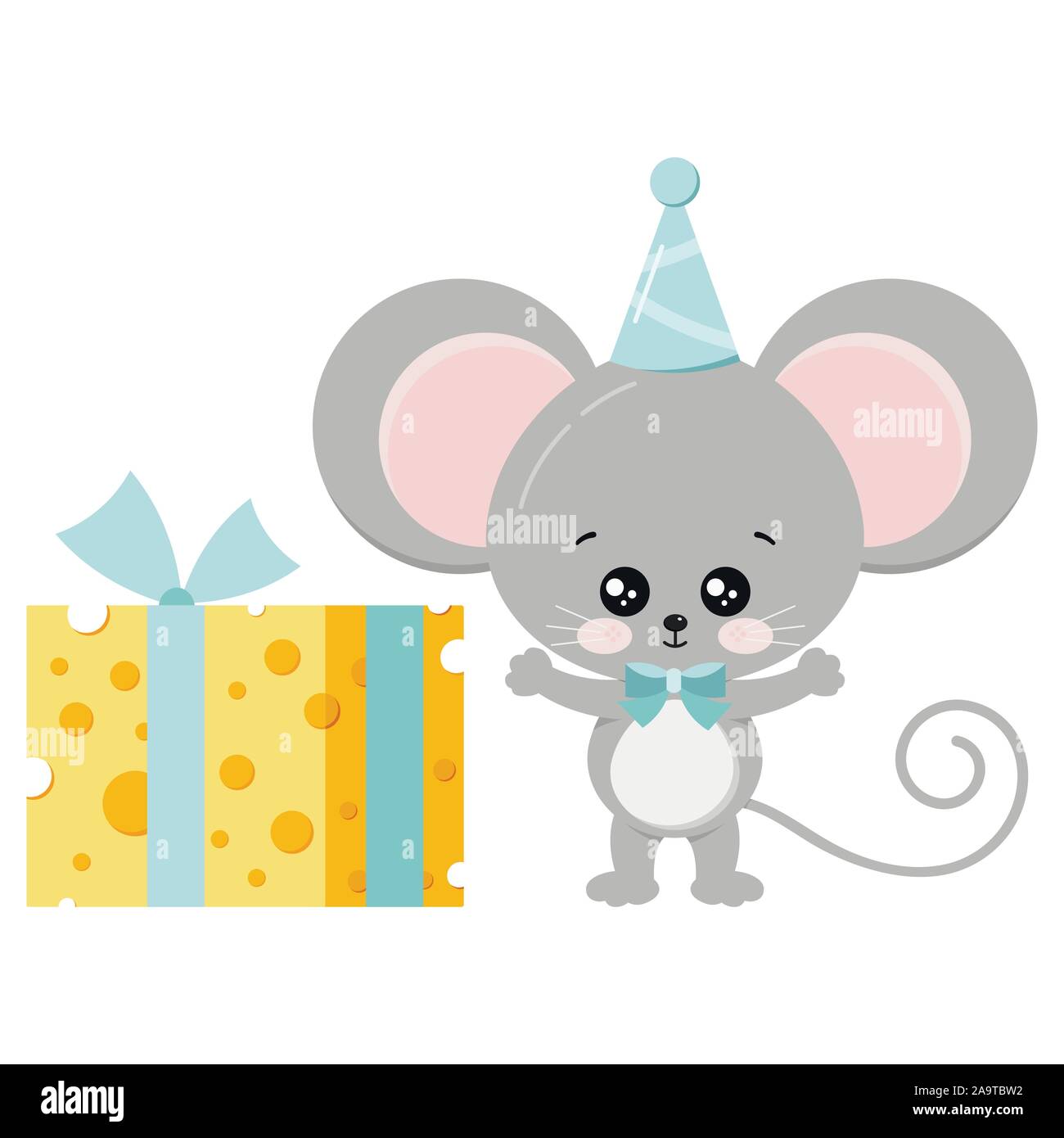 Cute mouse in birthday cap and bow tie and tied with a ribbon cheese ...
