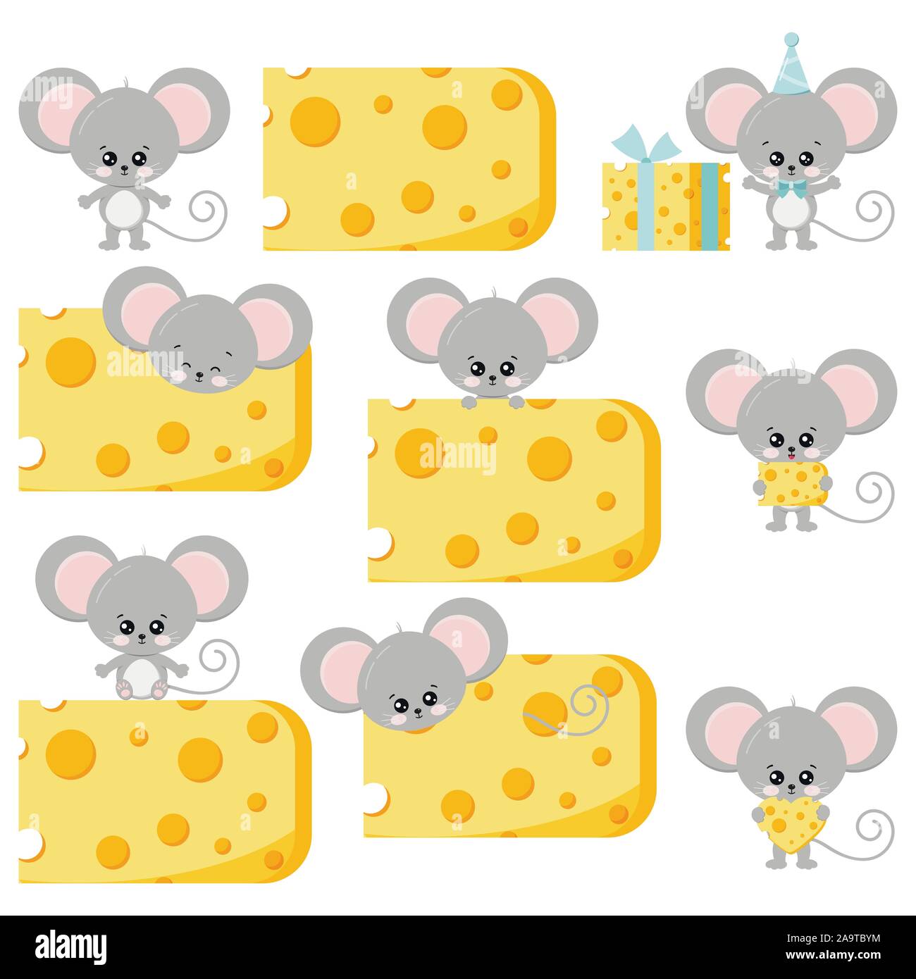 Cute mouse and cheese vector flat set isolated on white background ...