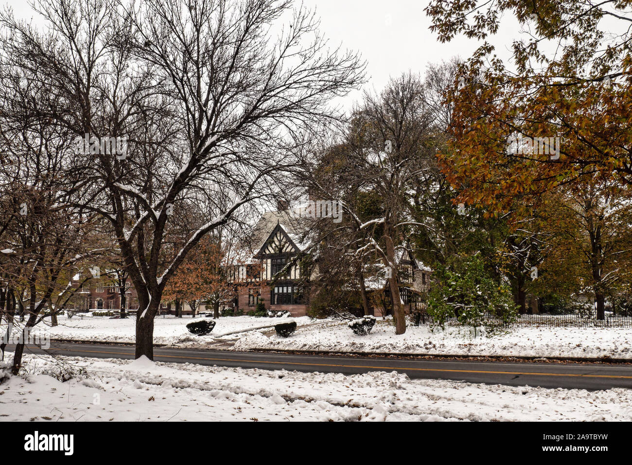 Upscale neighborhood landscape after a snowfall Stock Photo - Alamy