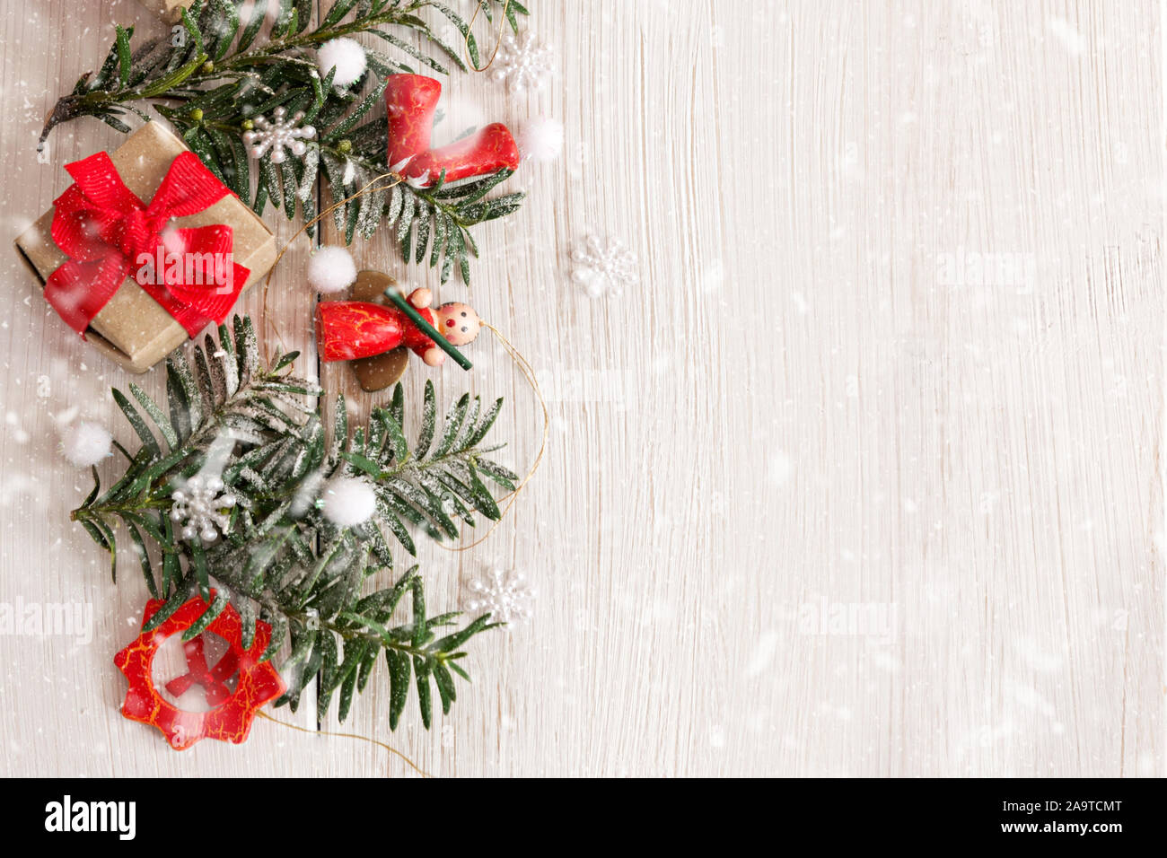 Christmas border frame with fir tree, gifts and Christmas red toys ...