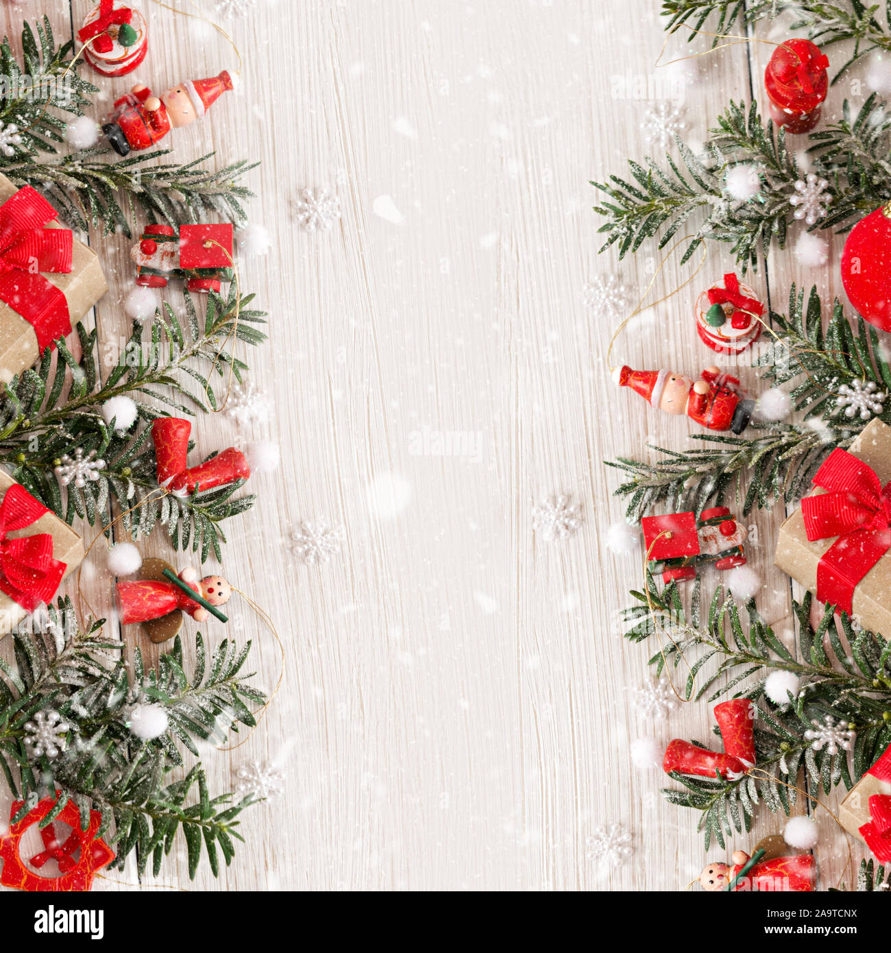 Christmas border frame with fir tree, gifts and Christmas red toys ...