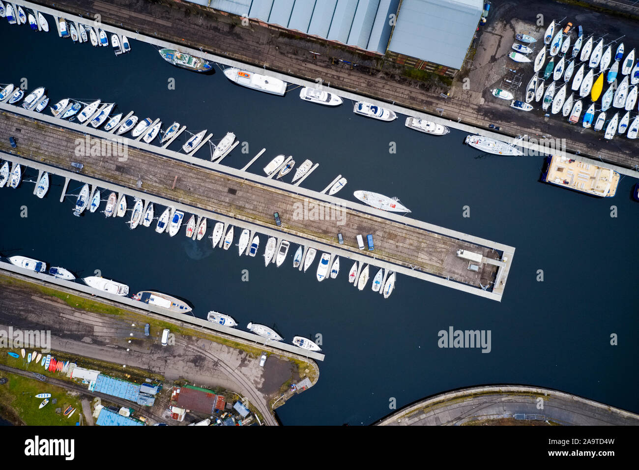 Aerial view of Marina with boats and yachts from above in row and ...