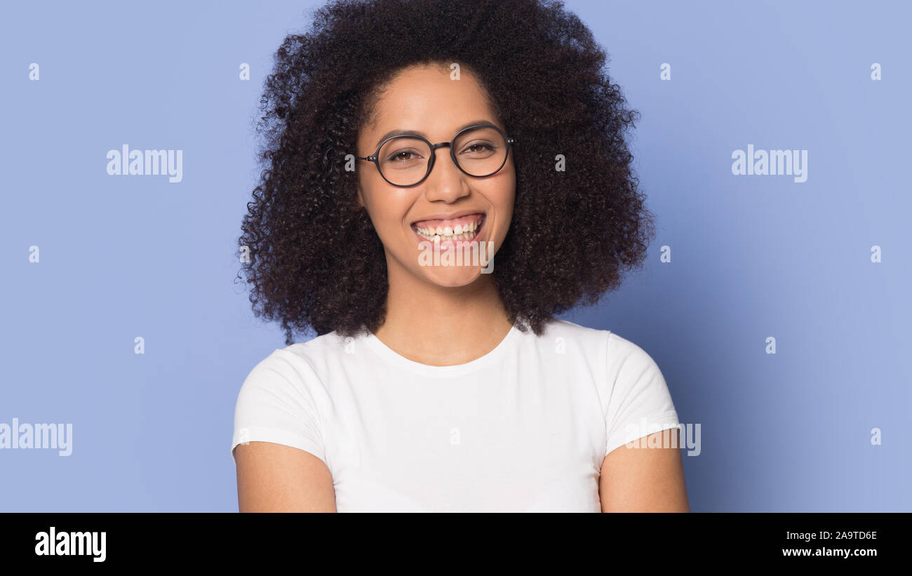 Head shot portrait happy beautiful African American girl wearing ...