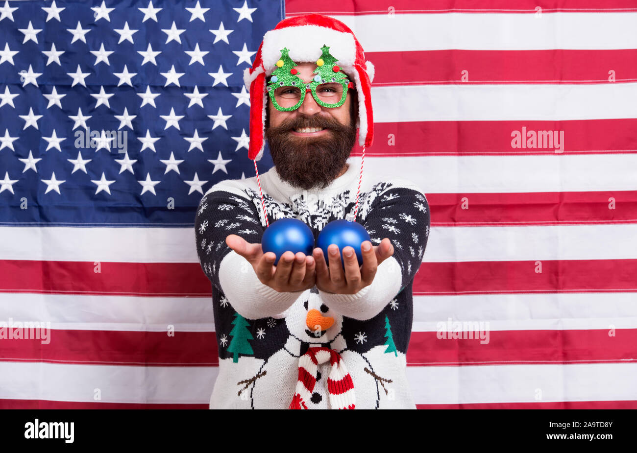 American tradition. Santa Claus on american flag. Celebrate xmas and ...