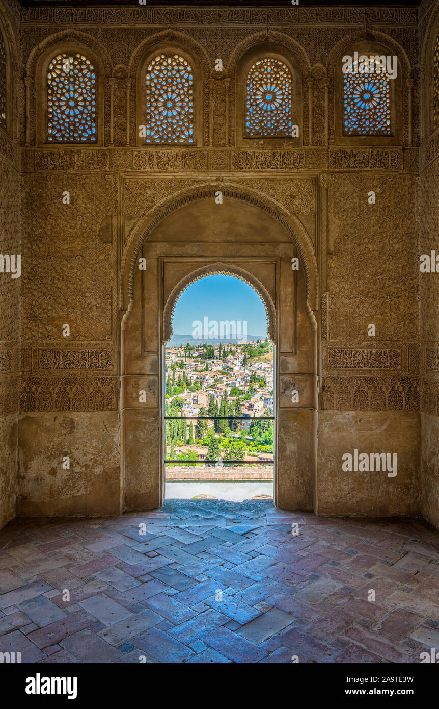Window in the Alhambra Palace looking over the Albaicin district ...