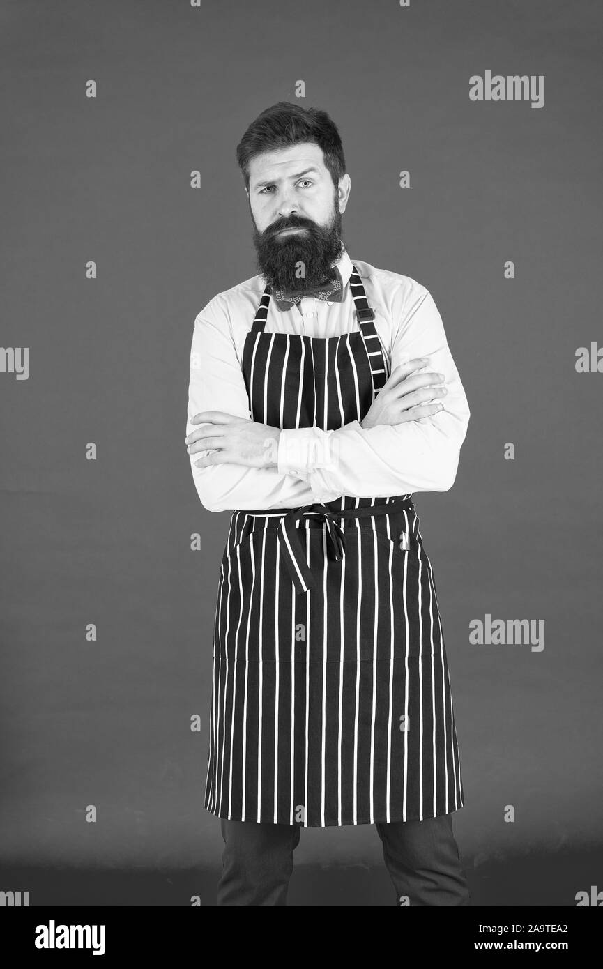Brutal bartender. Bearded bartender in hipster style. Serious bartender ...