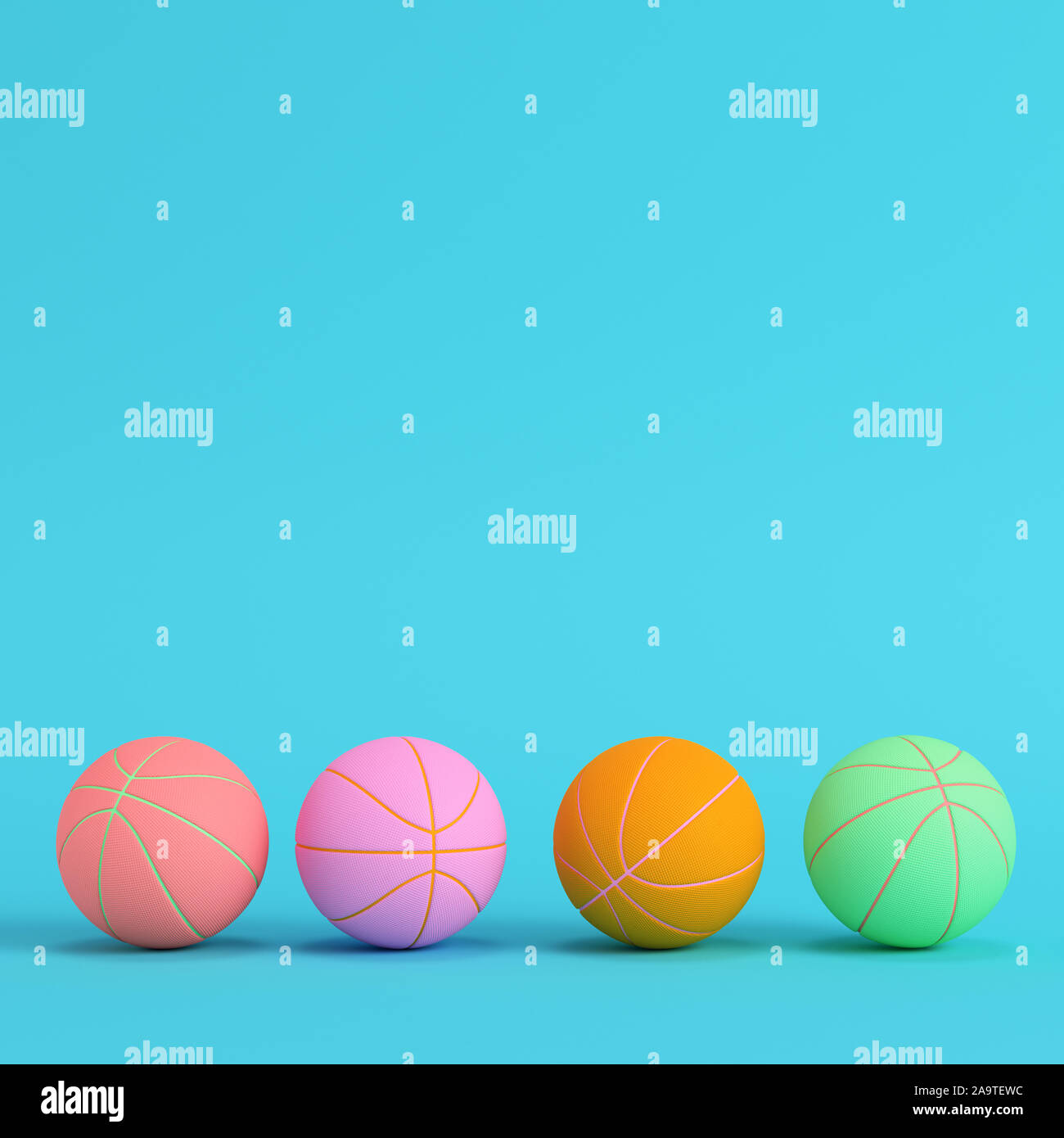 Four basketball balls on bright blue background in pastel colors ...