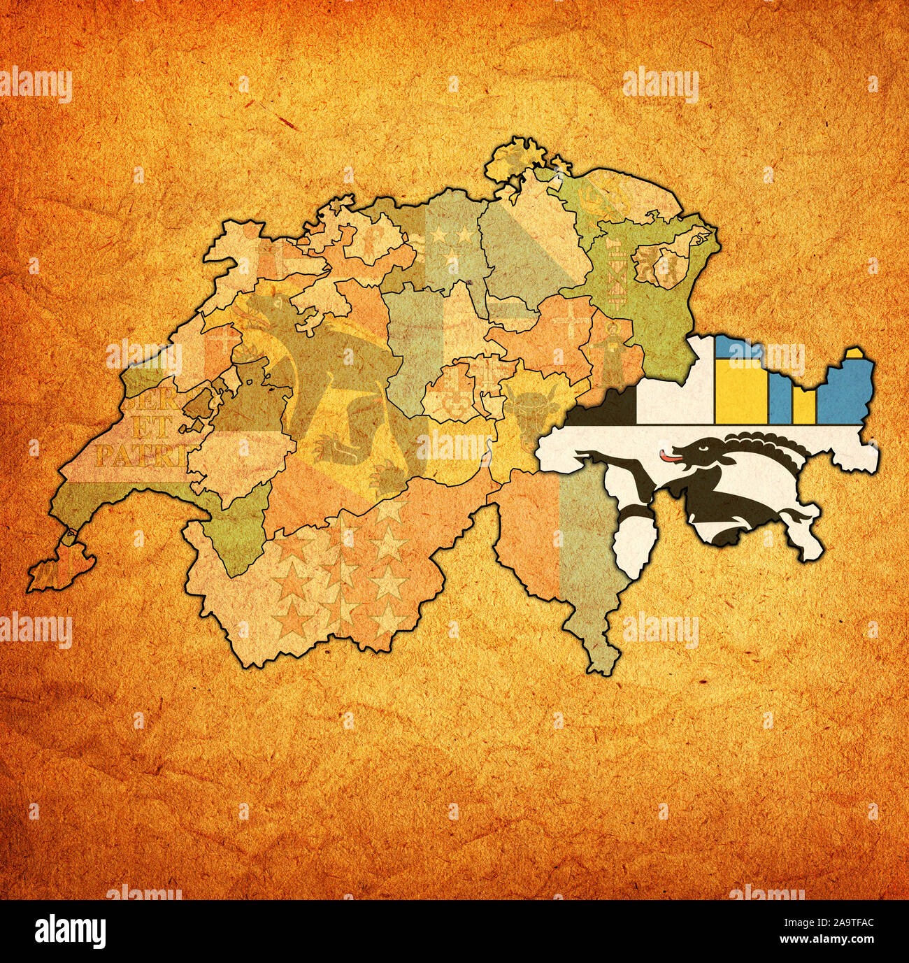flag and territory of Grisons canton on map of administrative divisions ...