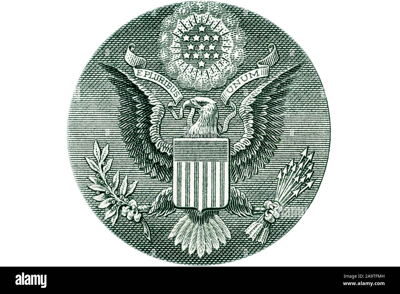 Eagle macro close-up on a US 1 dollar banknote isolated on a white ...