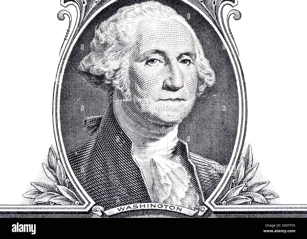 Portrait of George Washington on a US 1 dollar banknote macro close-up ...