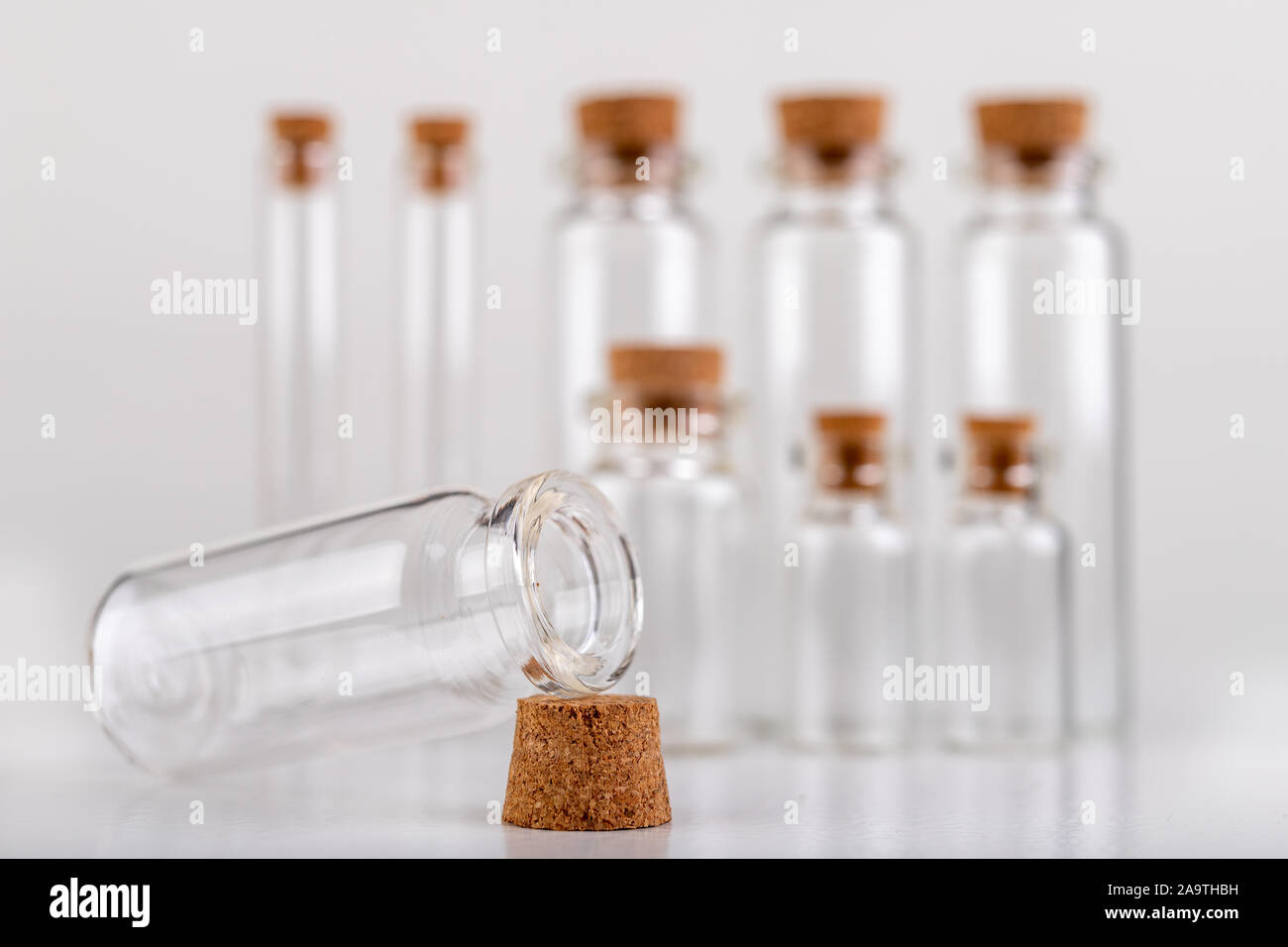 Transparent glass bottles in the laboratory. Empty containers on a ...