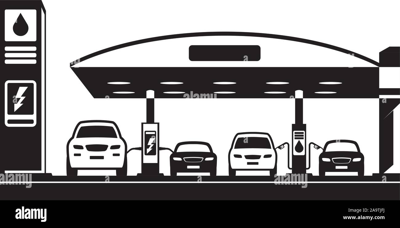 Cars at charging and petrol station - vector illustration Stock Vector ...