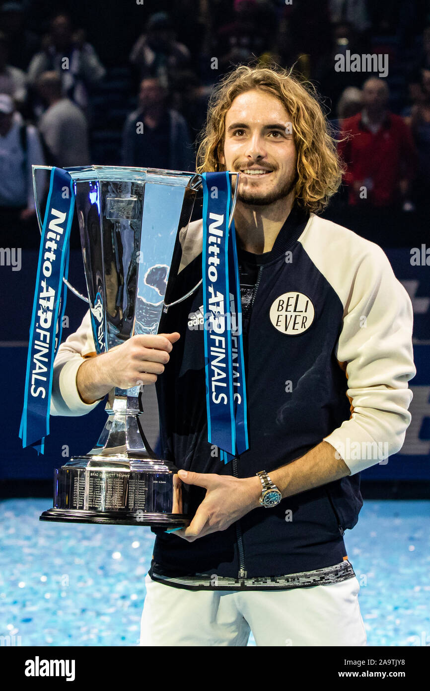London, UK. 17th Nov, 2019. Stefanos Tsitsipas of Greece poses with his ...