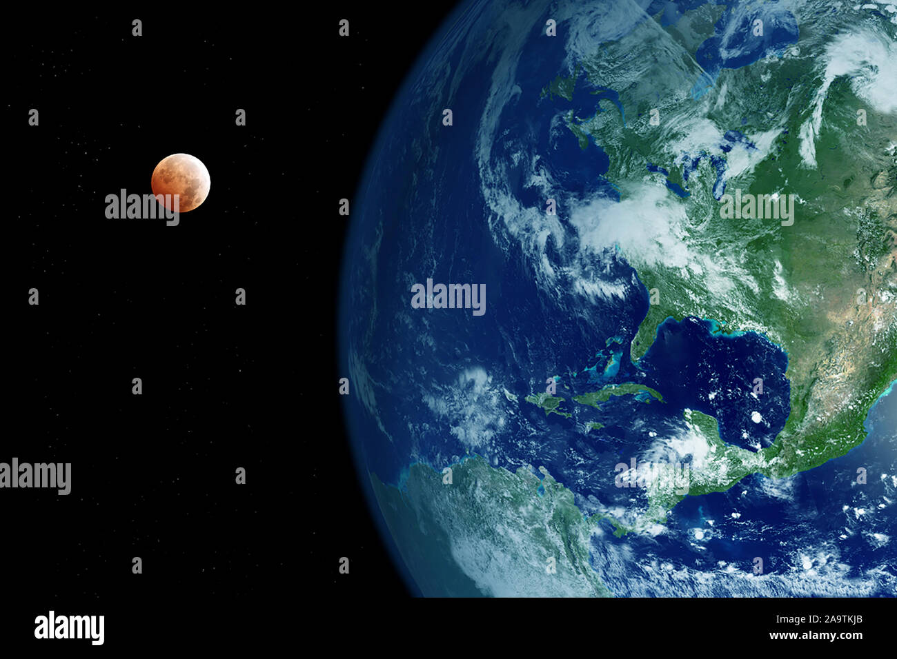 Earth with a red moon from space. Elements of this image were furnished ...