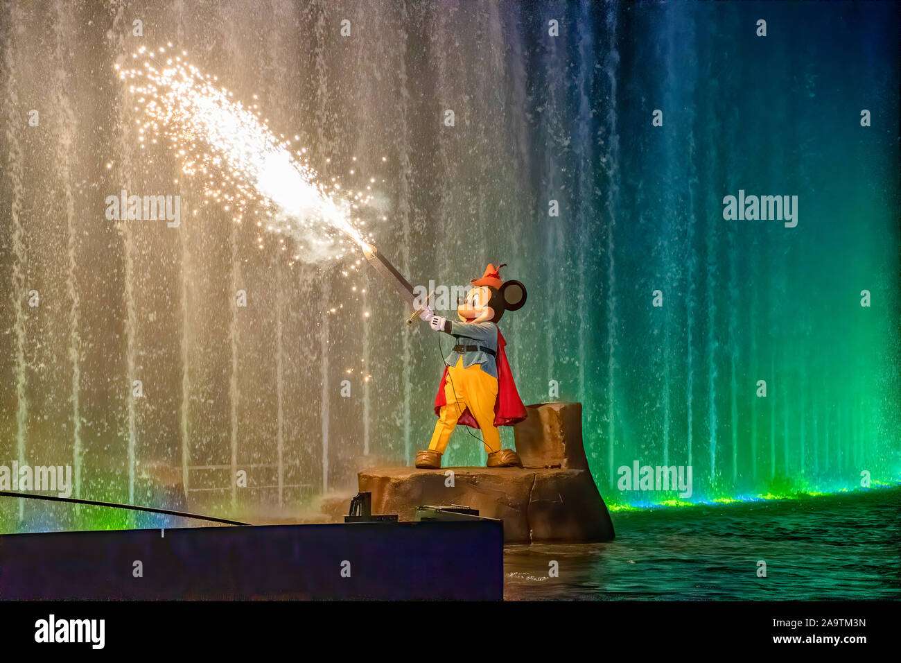 Mickey Mouse holding a sword at the Fantasmic show at Hollywood Studios ...