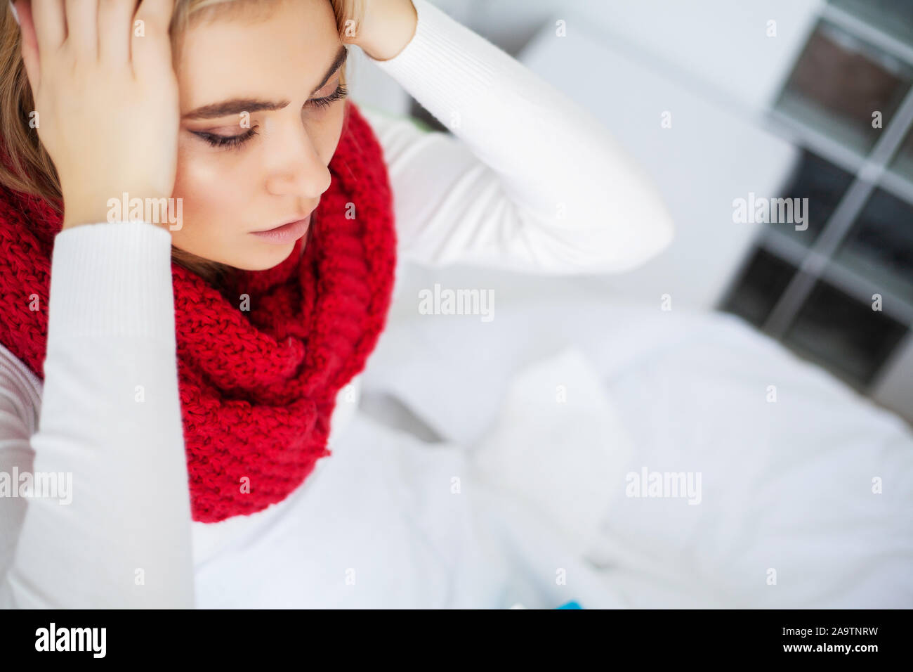 Fever And Cold. Portrait Of Beautiful Woman Caught Flu, Having Headache ...