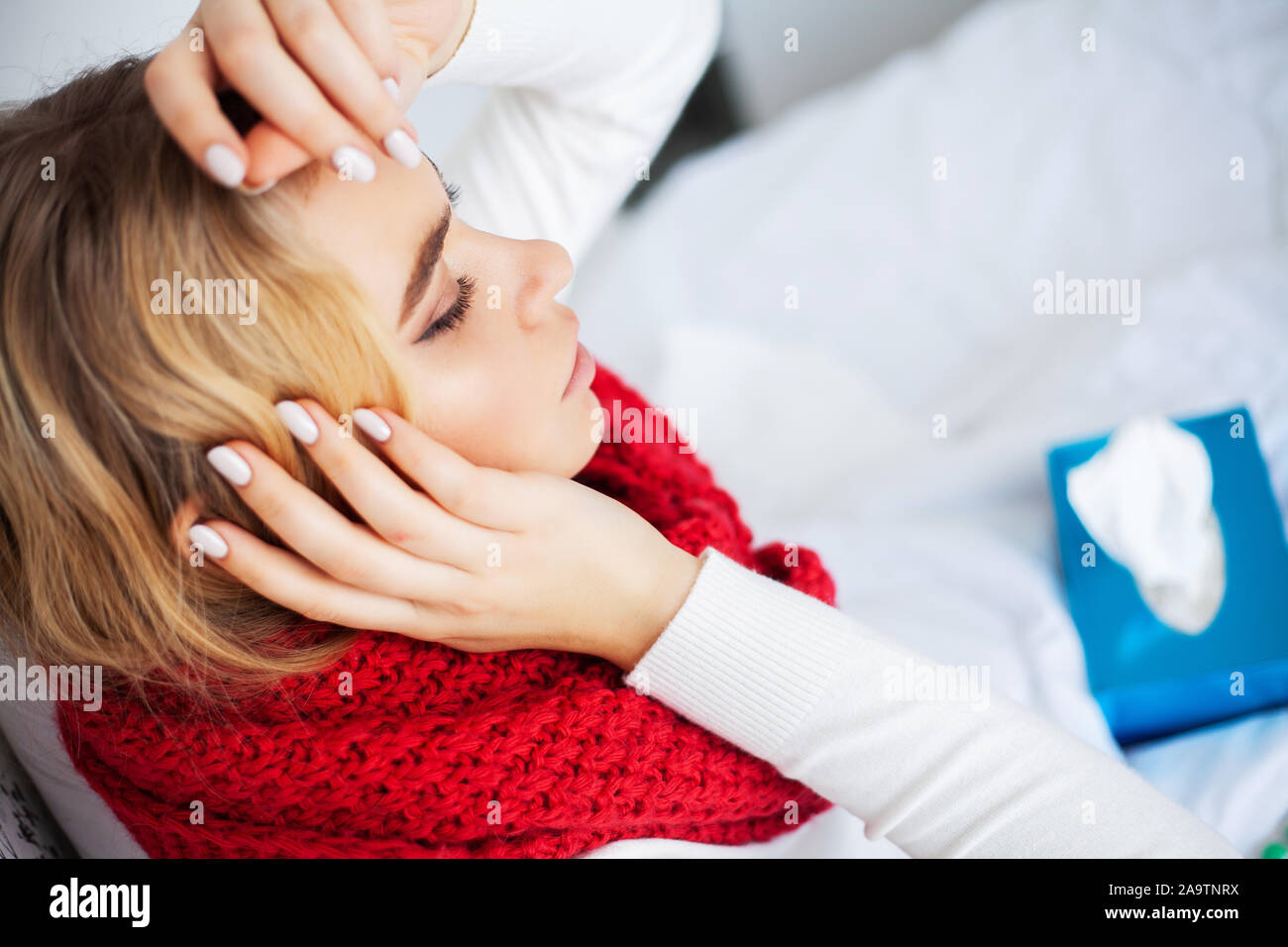 Fever And Cold. Portrait Of Beautiful Woman Caught Flu, Having Headache ...