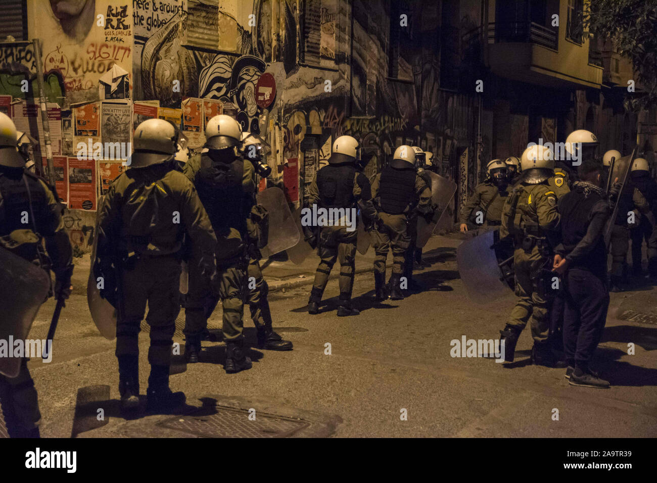 Athens, Greece. 17th Nov, 2019. Riot police detain a young person after ...