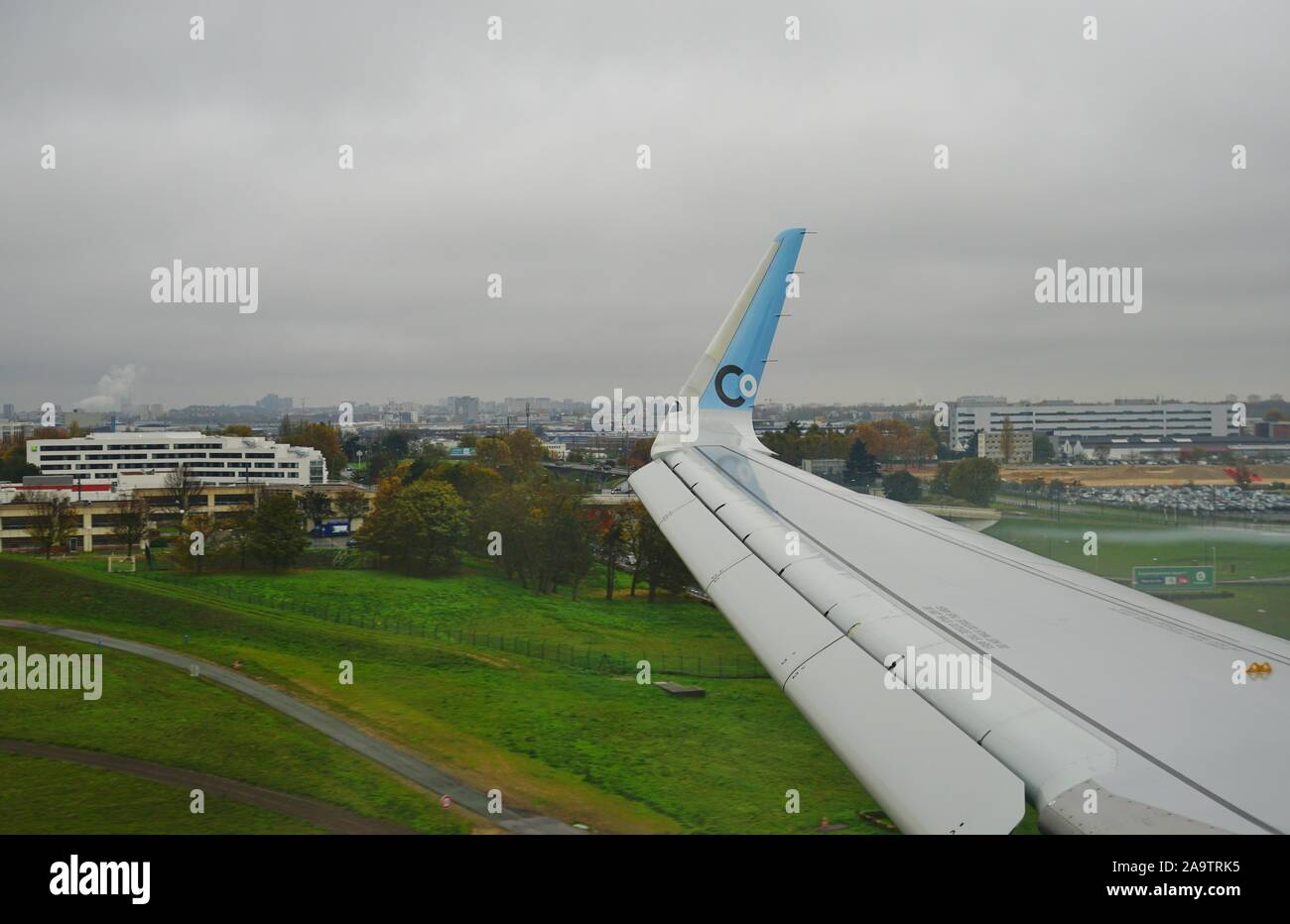 NEWARK, NJ -11 NOV 2019- View of the blue and white winglet of an ...