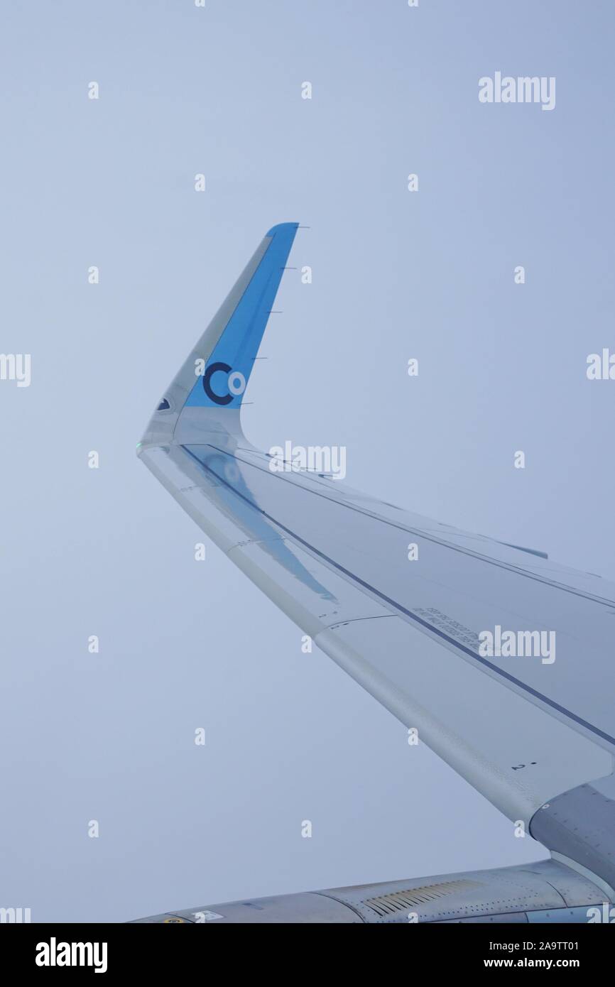 NEWARK, NJ -11 NOV 2019- View of the blue and white winglet of an ...