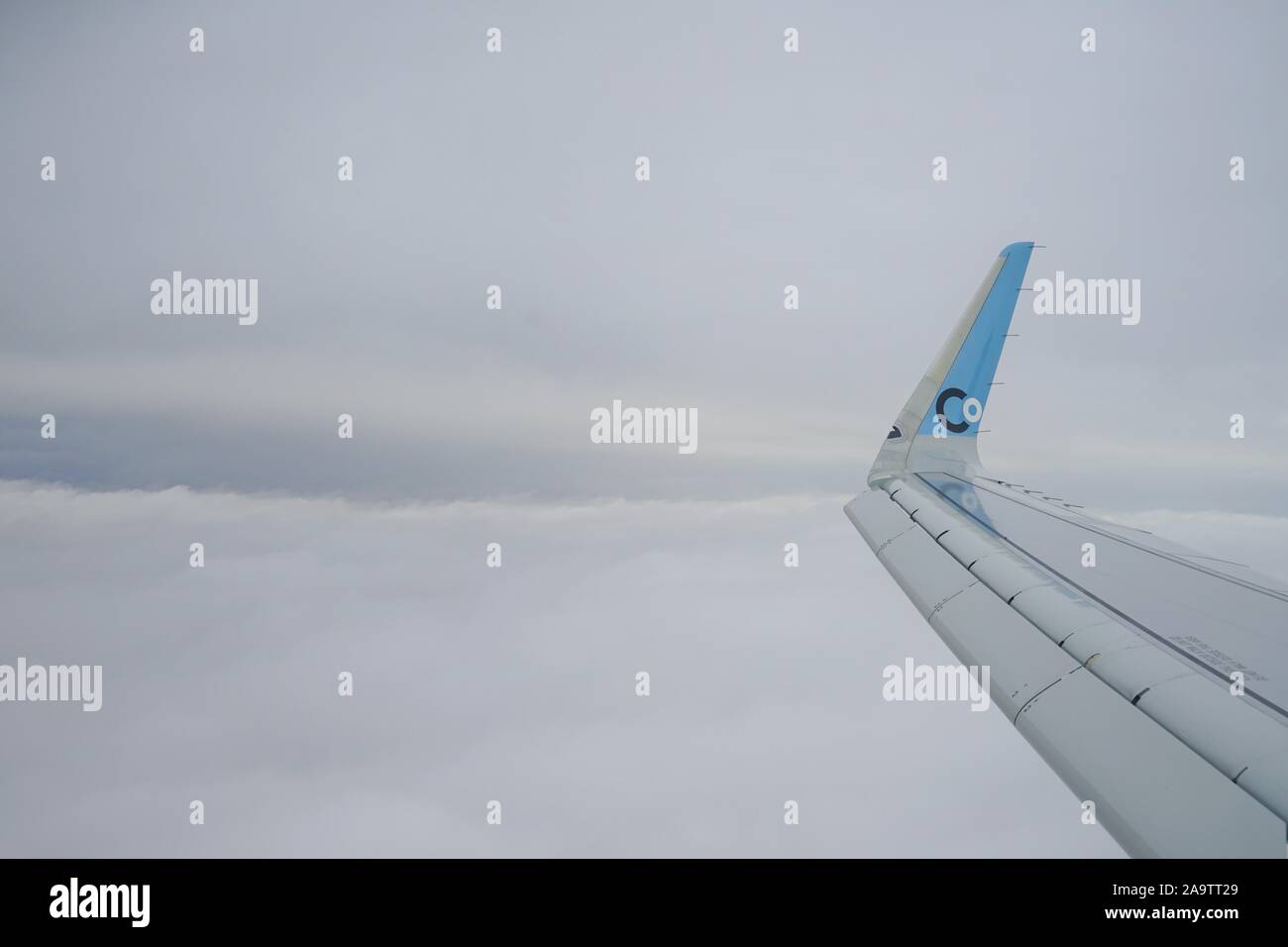 NEWARK, NJ -11 NOV 2019- View of the blue and white winglet of an ...